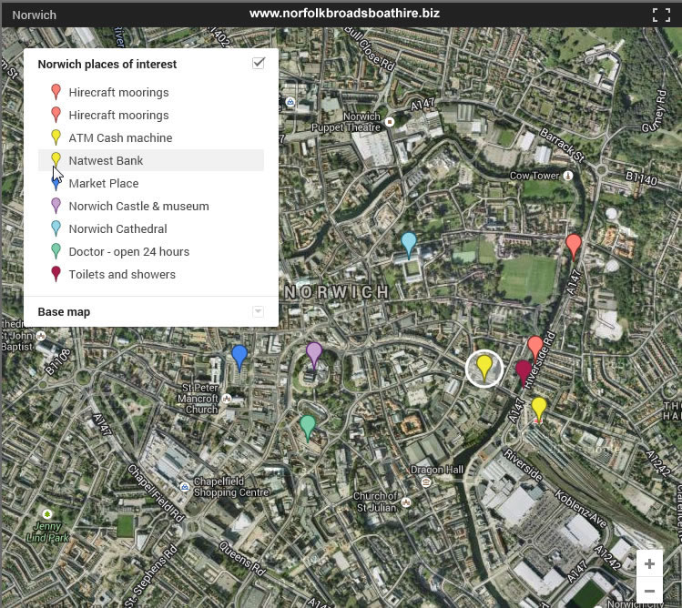 Norfolk Broads Boat Hire map of Norwich